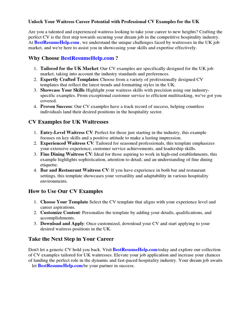 CV Examples Uk Waitress | PDF | Waiting Staff | Résumé