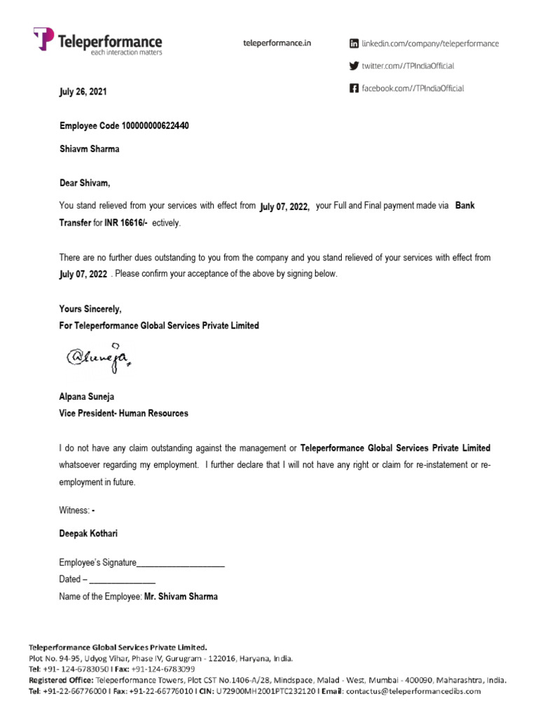 TP Releving Letter | PDF