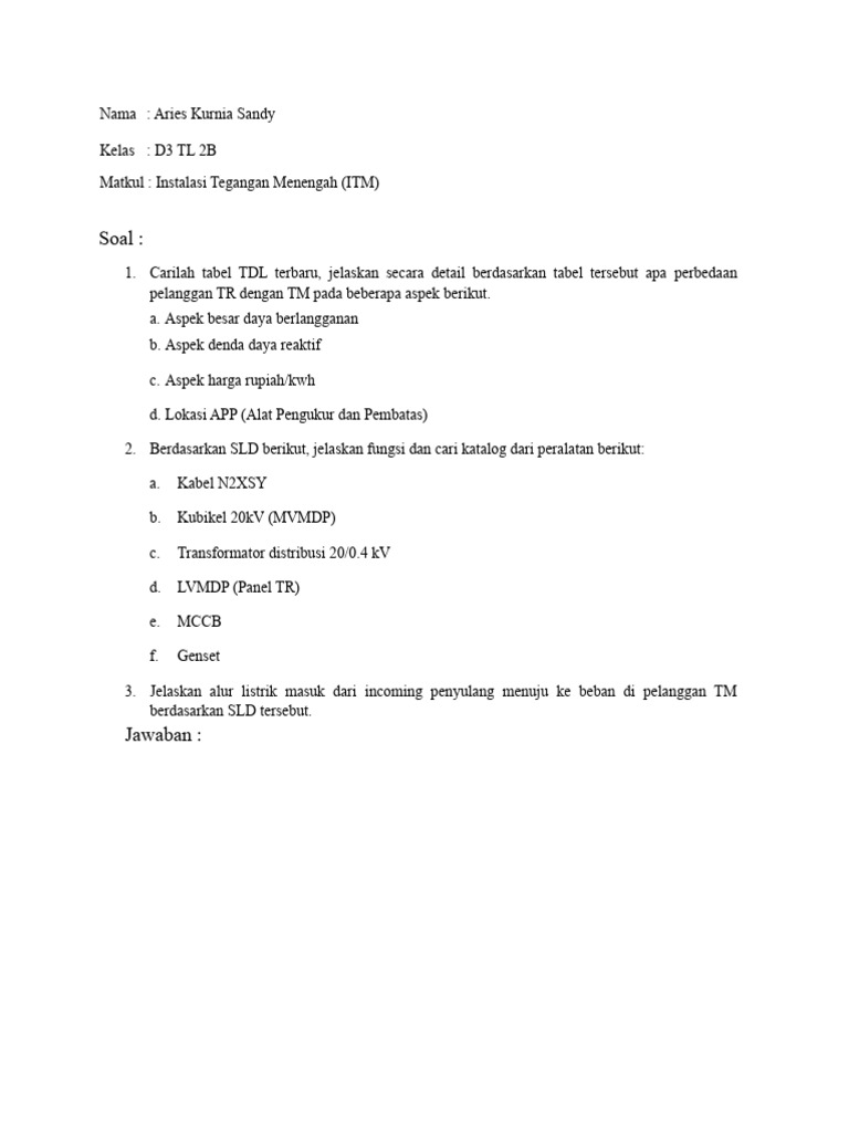 Instalasi Tegangan Menengah (ITM) D3TL 2B - Aries Kurnia Sandy | PDF | Teknologi & Rekayasa