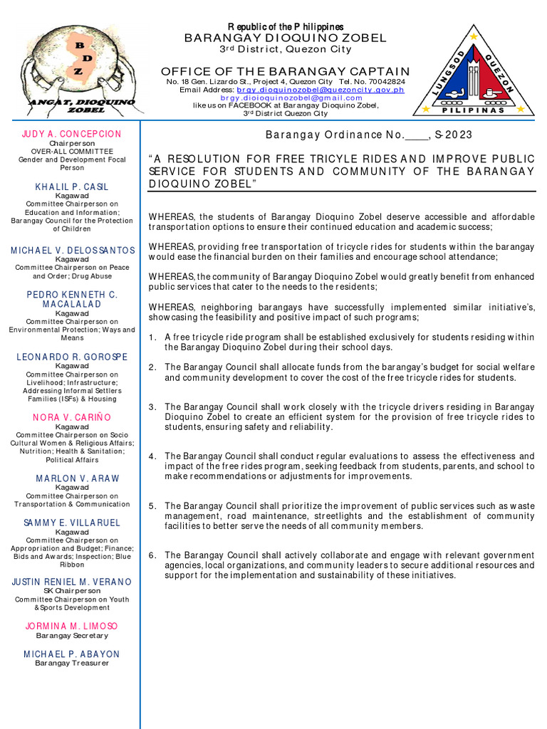 Resolution For Free Tricycle Rides and Improved Public Services For ...
