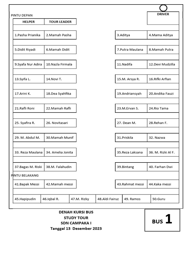 Denah Kursi Bus Seat 2 2 50 Kursi File Word Model 2 | PDF