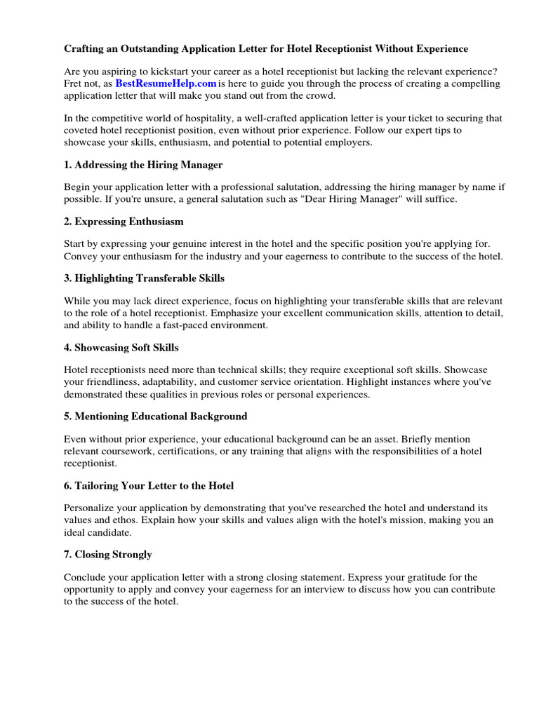 Application Letter For Hotel Receptionist Without Experience | PDF ...