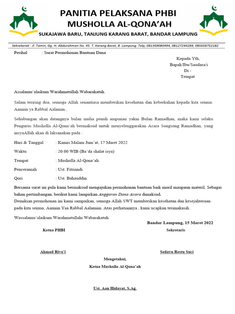 Surat Permohonan Dana PHBI | PDF