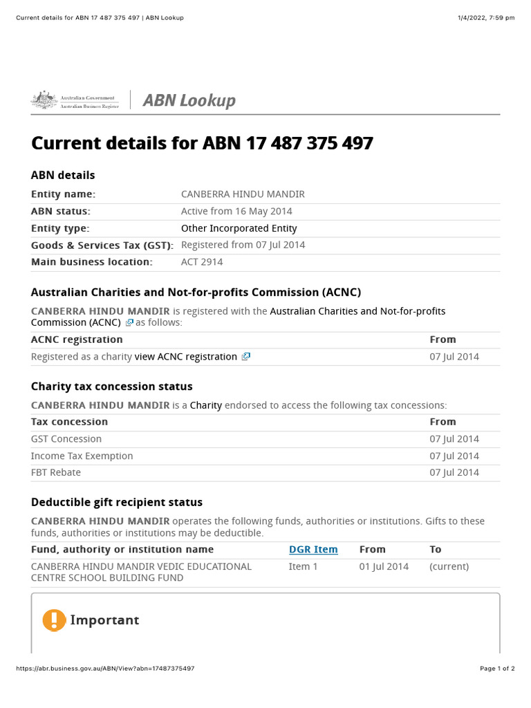Current Details For ABN 17 487 375 497 - ABN Lookup | PDF | Charitable ...