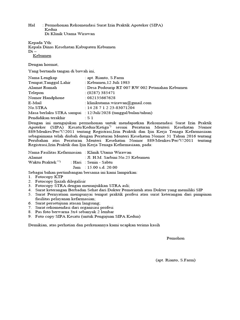 Blanko Permohonan SIP Apoteker - 077983 | PDF