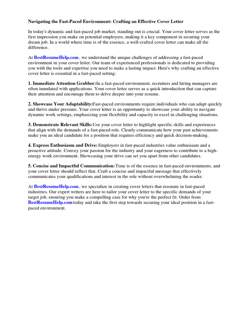 Cover Letter Fast Paced Environment | PDF | Résumé | Recruitment