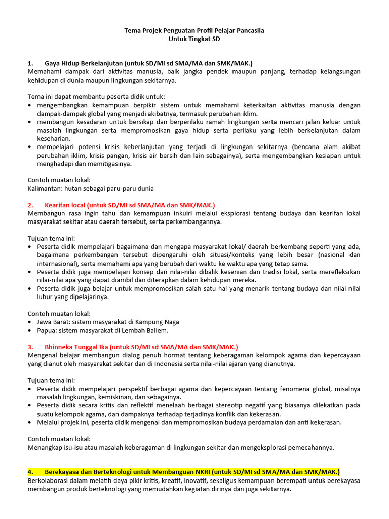 Tema Projek Penguatan Profil Pelajar Pancasila SD | PDF
