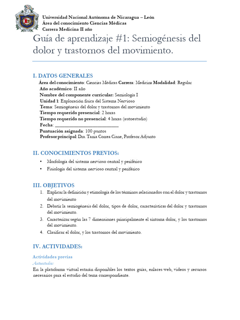 Guía #1 SEMIO I | PDF | Dolor | Medicina CLINICA