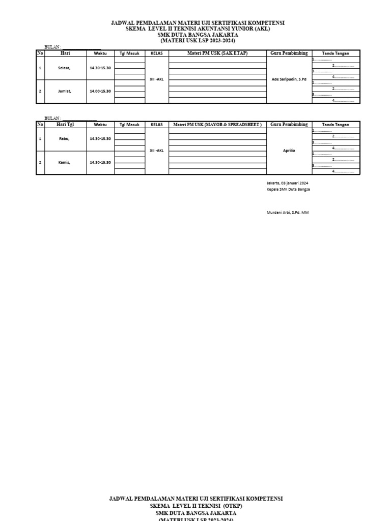 JADWAL PM USK OTKP Dan AKL - 23-24 | PDF