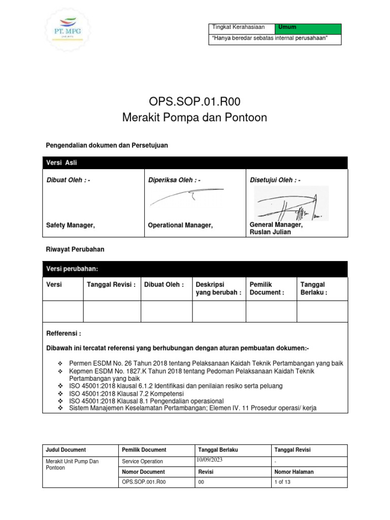 001 OPS - SOP.001.R000 Merakit Unit Pump & Pontoon-1 | PDF