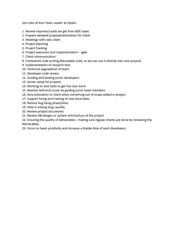 Asst Team Leader Duties at Opash | PDF | Computers