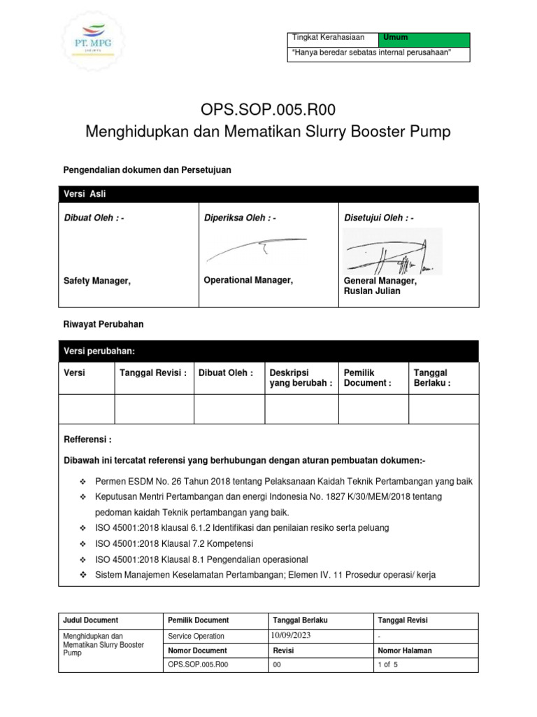 005 OPS - SOP.005.R000 Menghidupkan Dan Mematikan Slurry Booster Pump | PDF