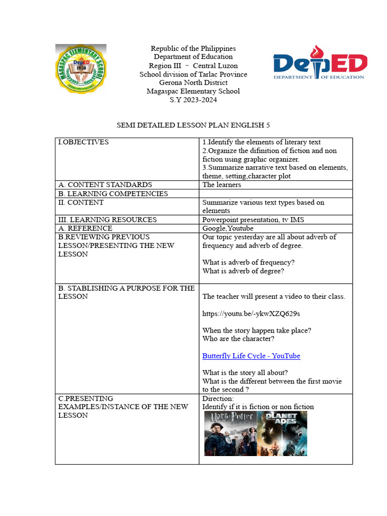 Semi Detailed Lesson Plan English 4 | Download Free PDF | Plot ...