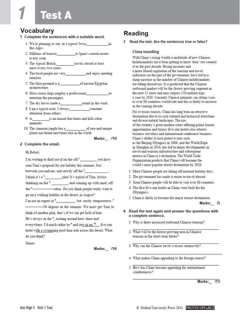 Aim High 5 Unit 1 Test A | PDF | Tourism | China