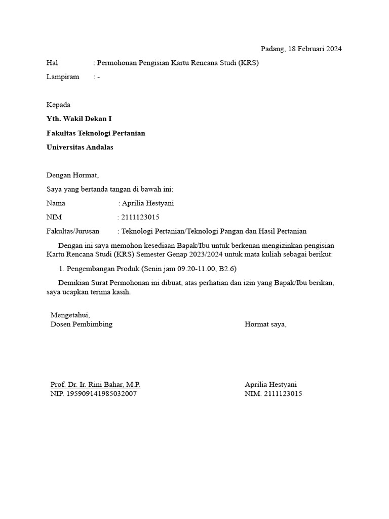 Surat Permohonan Pengisian KRS. | PDF