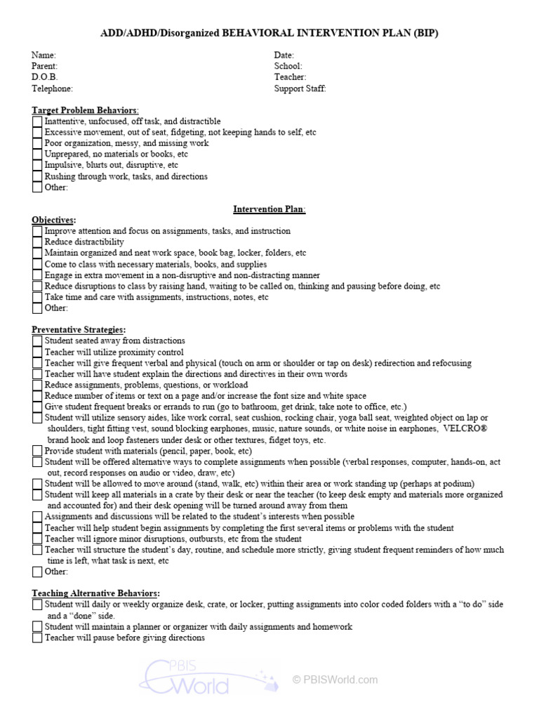 ADD ADHD Disorganized BIP | PDF | Teachers | Reinforcement