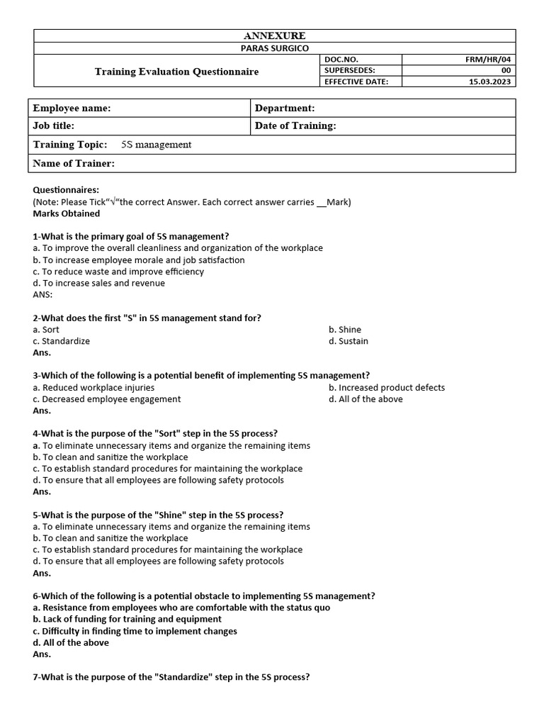 HR-04 Training Evaluation Questionair - 5S Management | PDF ...