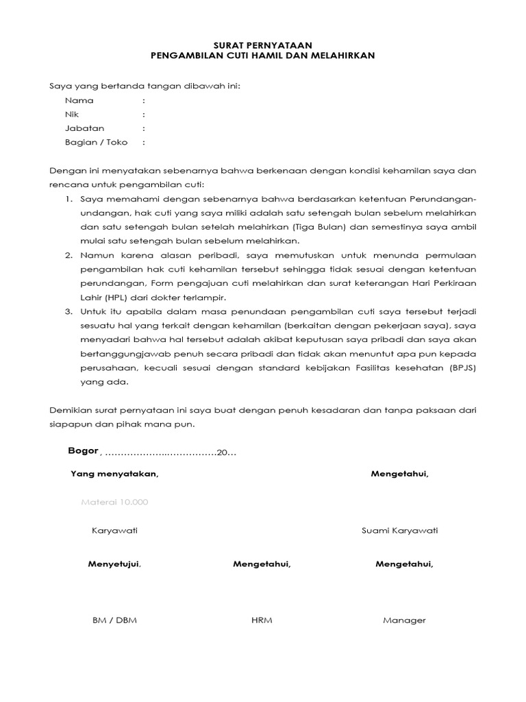 Surat Pernyataan Pengambilan Cuti Hamil Dan Melahirkan: Yang Menyatakan ...