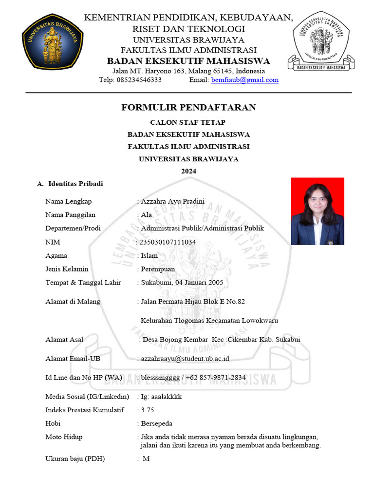 Pendaftaran Staf BEM FIA UB 2024 | PDF