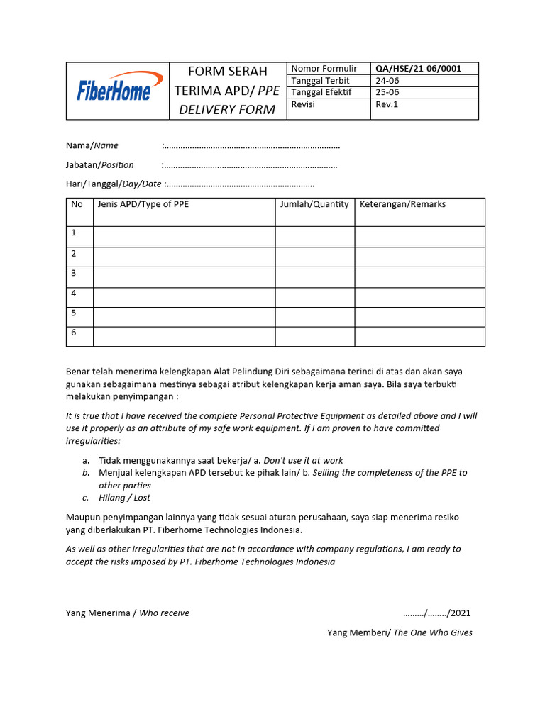 Form Serah Terima Apd | PDF | Karier & Perkembangan | Teknologi & Rekayasa