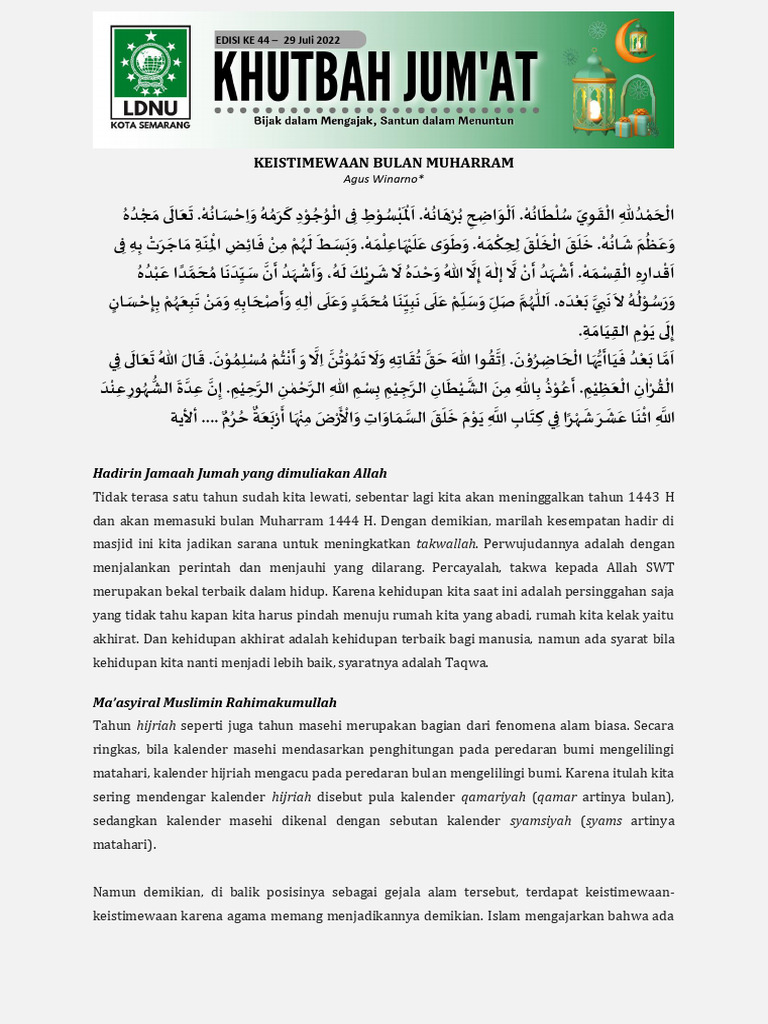 LDNU Khutbah Jum'at Keistimewaan Bulan Muharram | PDF