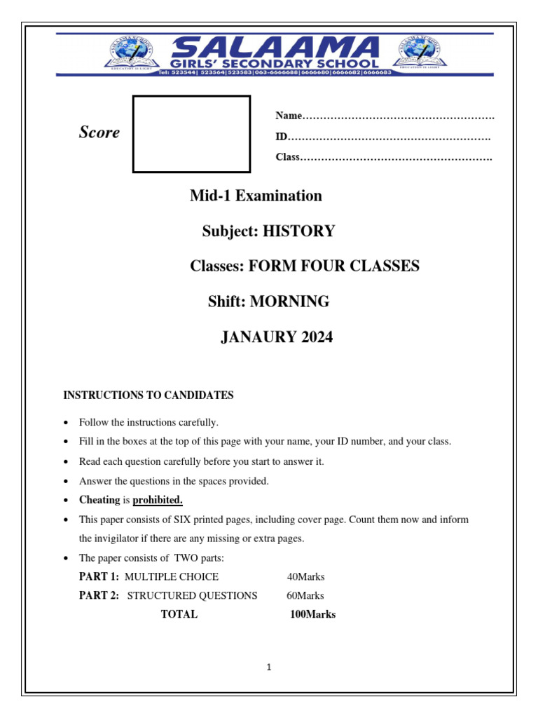 Form Four History Exam January 2024 | PDF | Somalia | Horn Of Africa