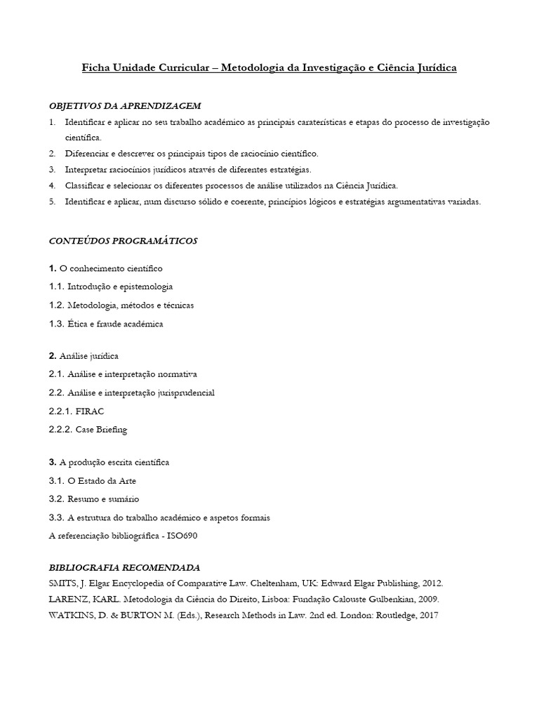 Ficha Unidade Curricular MICJ | PDF | Science | Metodologia