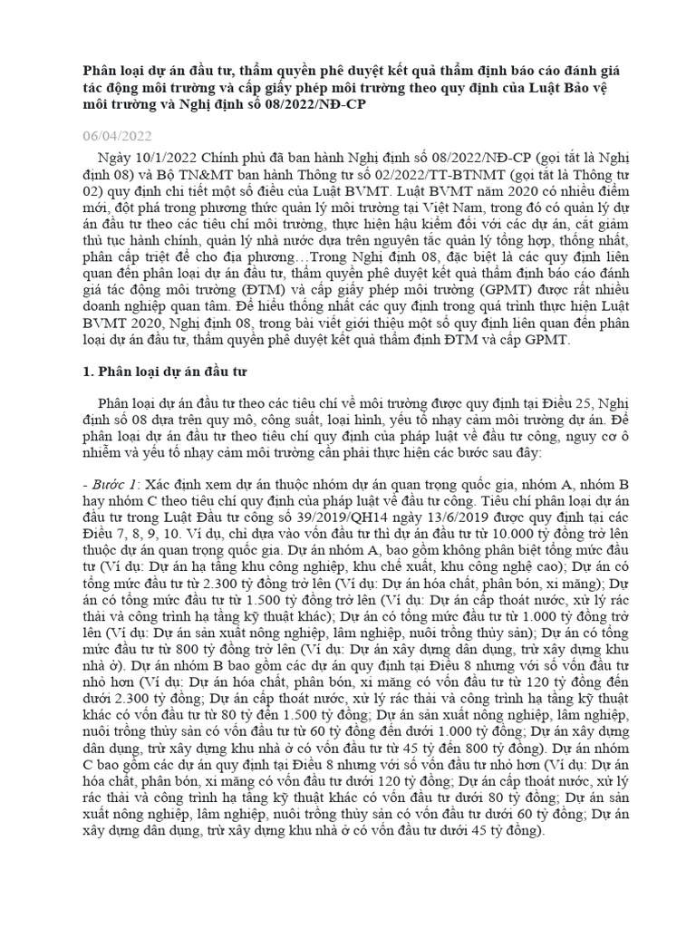 Phan Loai Du An Dau Tu Lien Quan Den Moi Truong | PDF