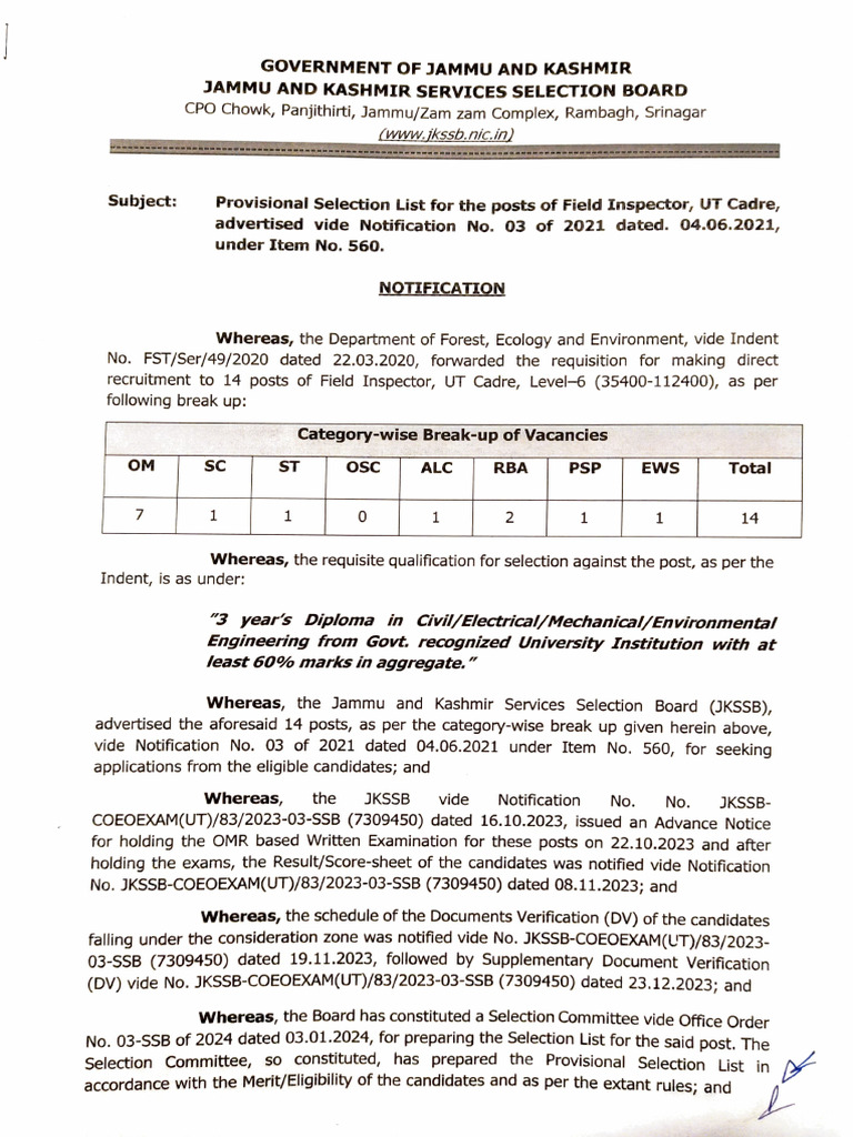 JKSSB Field Inspector Selection List 2024 | PDF