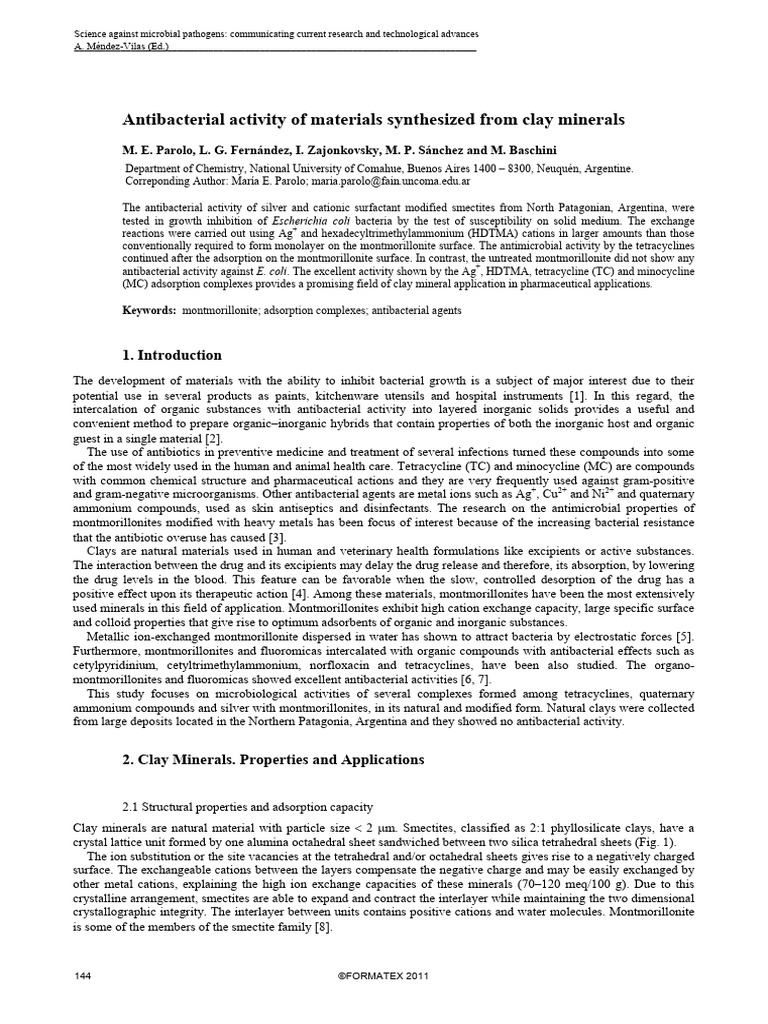 Antibacterial Activity of Materials Synthesized From Clay Minerals | PDF | Adsorption | Surfactant