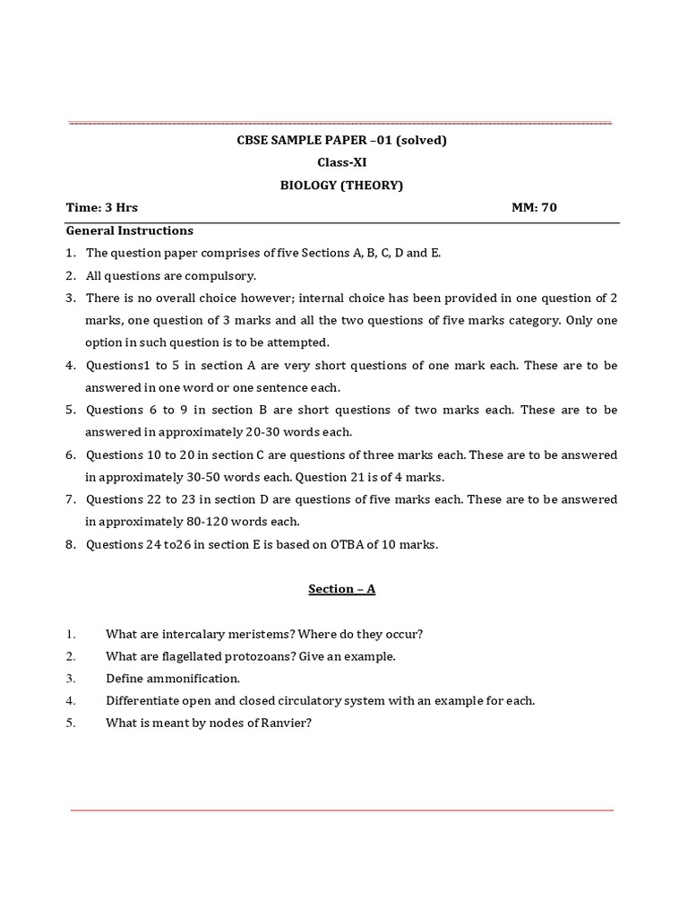 CBSE SAMPLE PAPER - 01 (Solved) Class-XI Biology (Theory) Time: 3 Hrs MM: 70 General ...