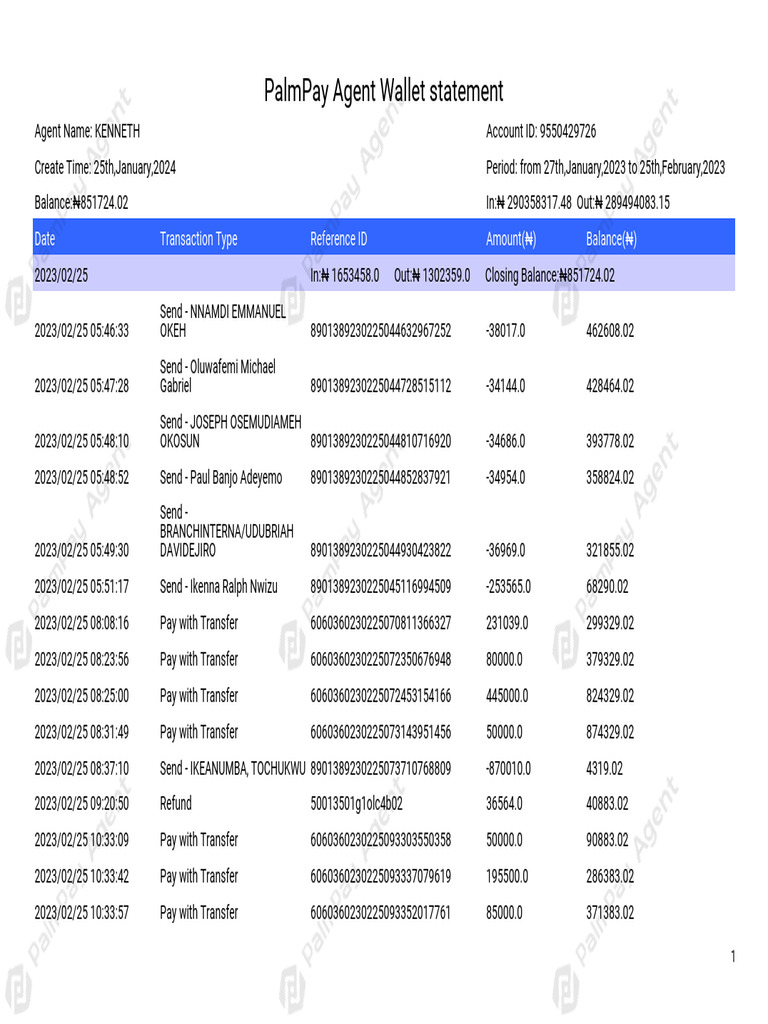 Palmpay Agent Wallet Statement: Date Transaction Type Reference Id ...