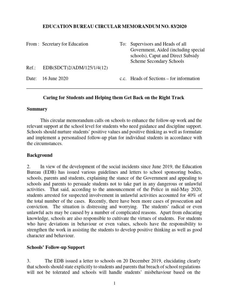 Education Bureau Circular Memorandum No. 83/2020 | PDF | Disciplines ...