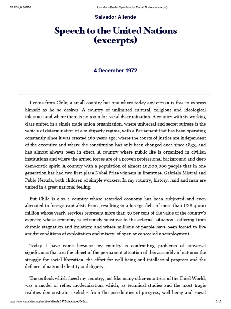 Salvador Allende - Speech To The United Nations (Excerpts) | PDF | Chile | International Law