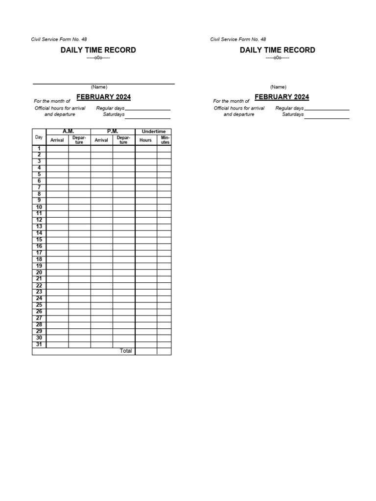 CSC Form No 48 Daily Time Record DTR | PDF