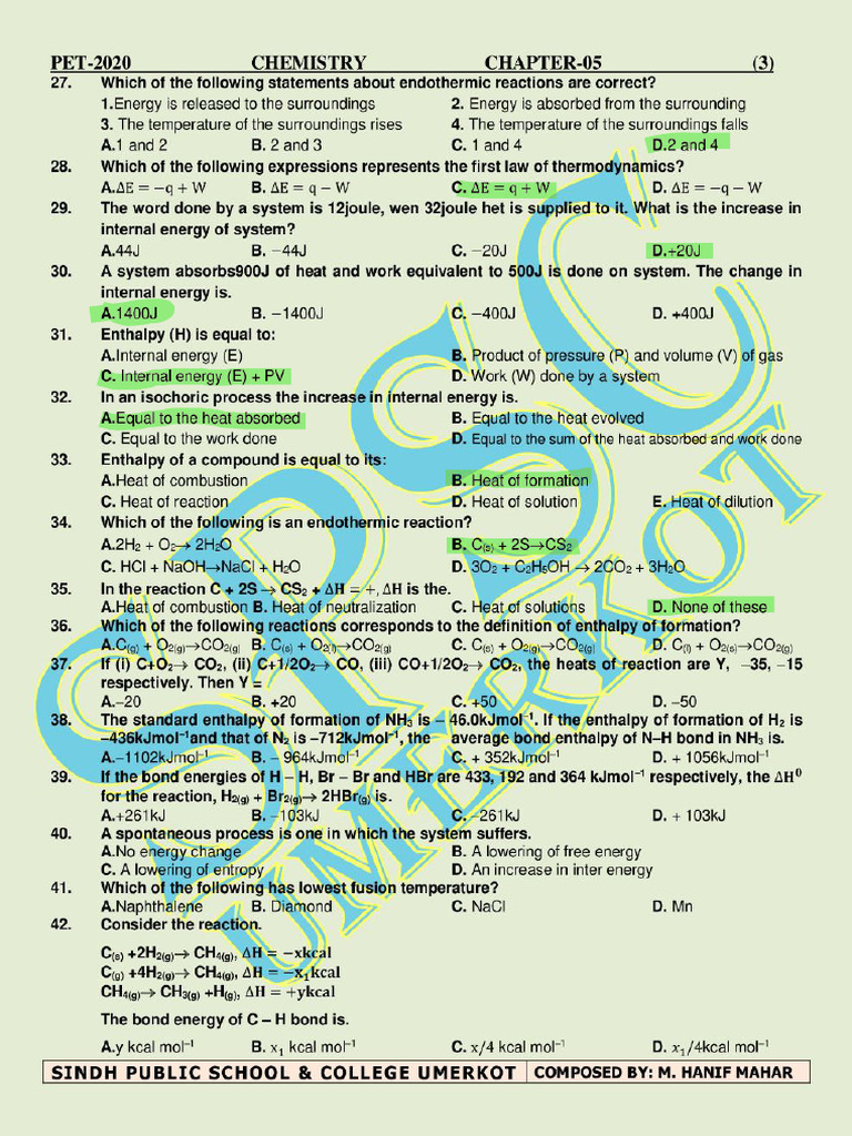 Thermochemistry 11th Mcqs | PDF