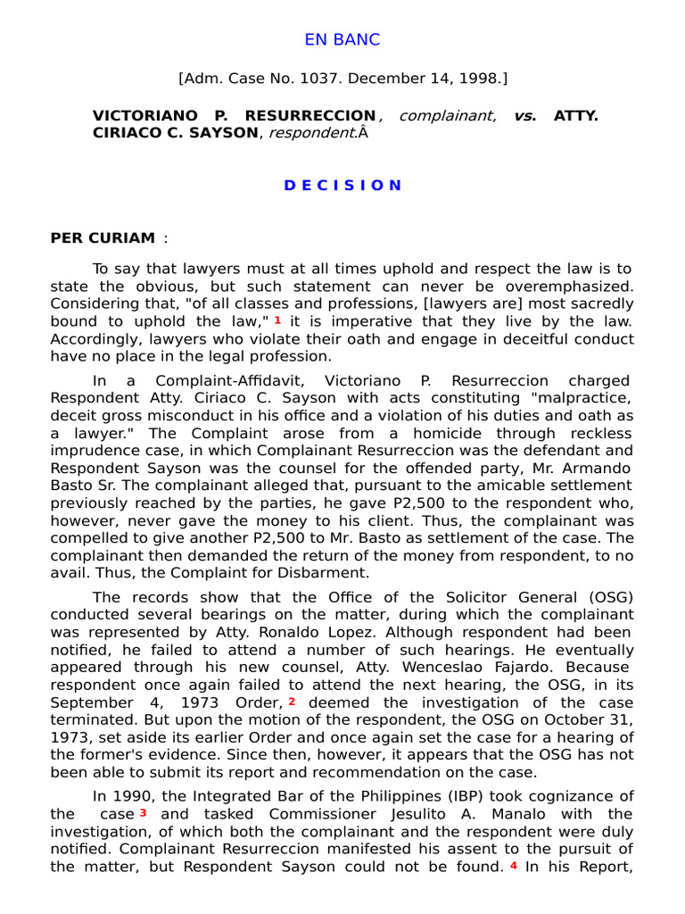 Resurreccion v. Sayson | PDF | Disbarment | Lawyer