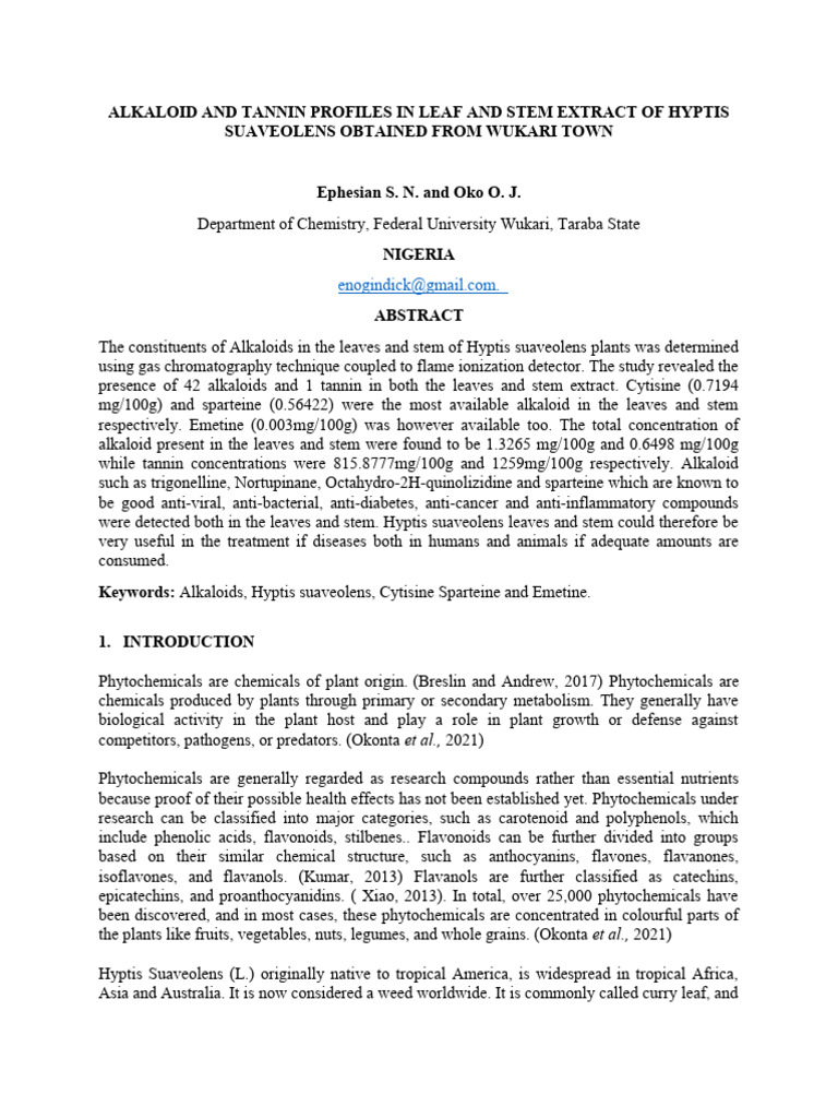 Alkaloid Profiles in Leaf and Stem Extract of Hyptis Suaveolens Obtained From Wu | PDF ...