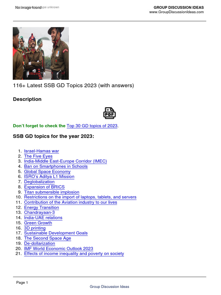 116+ Latest SSB GD Topics 2023 (With Answers) | PDF | Military ...