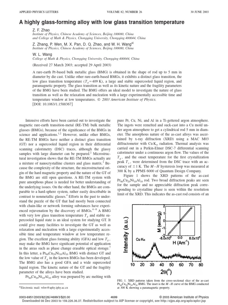 A highly glass-forming alloy with low glass transition temperature | PDF | Differential Scanning ...