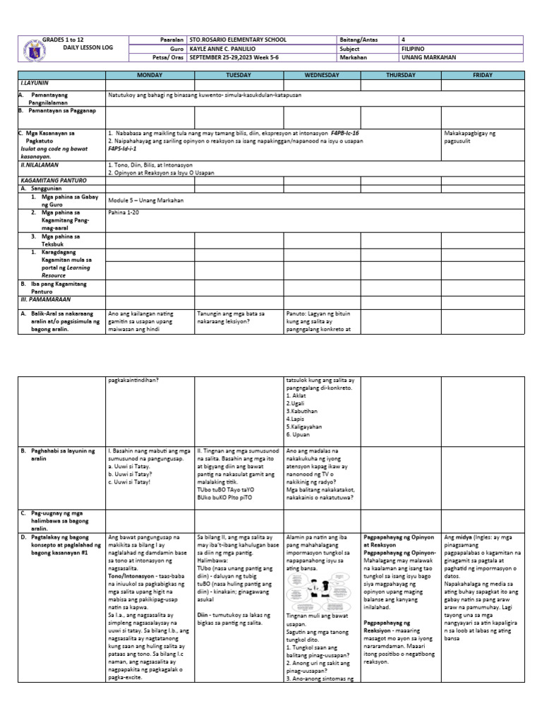 DLL WEEK 5 FILIPINO gr.4 | PDF