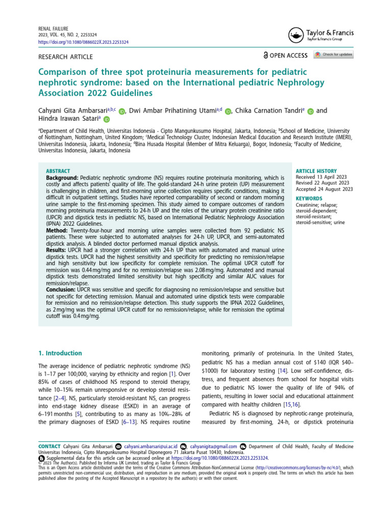 Comparison of Three Spot Proteinuria Measurements For Pediatric ...