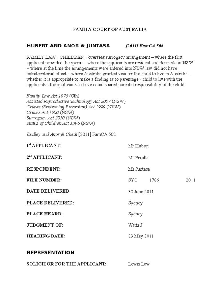 Hubert & Juntasa (2011) FamCA 504 | PDF | Surrogacy | Government ...