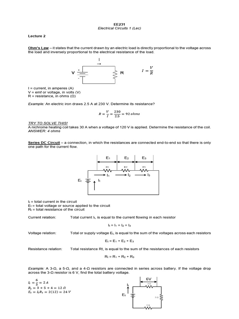 Lec-2 Ee231 | PDF | Series And Parallel Circuits | Resistor