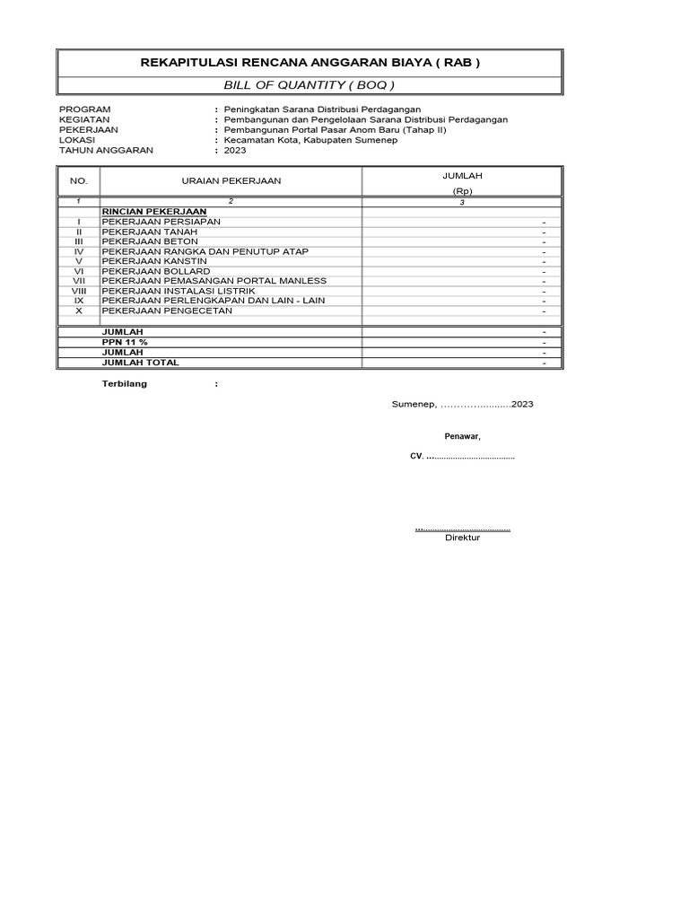 Rekapitulasi Rencana Anggaran Biaya (Rab) Bill of Quantity (Boq) | PDF