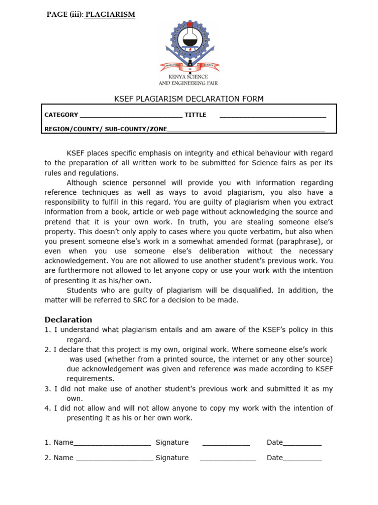 KSEF Plagiarism Declaration Form | PDF | Computers