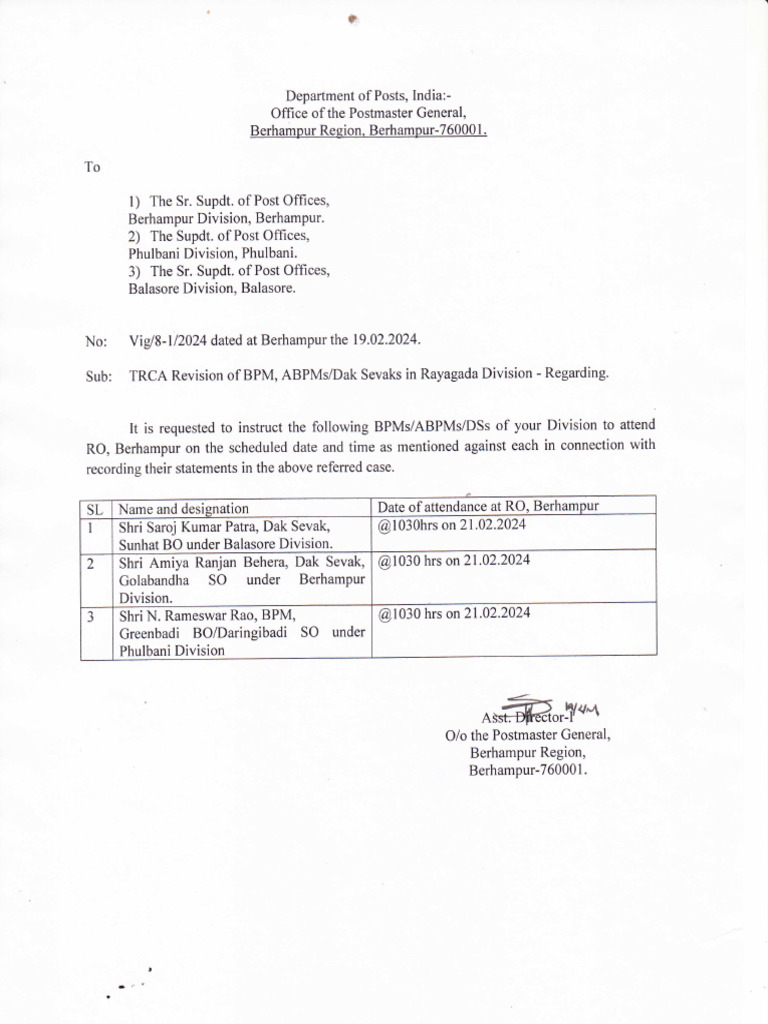 TRCA Revision Notice for Berhampur Staff | PDF