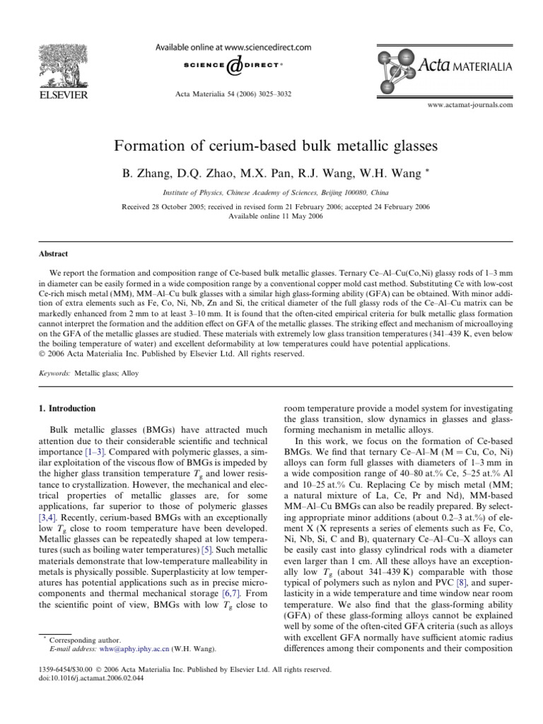 Cerium-Based Bulk Metallic Glasses Formation | PDF | Metals | Glasses