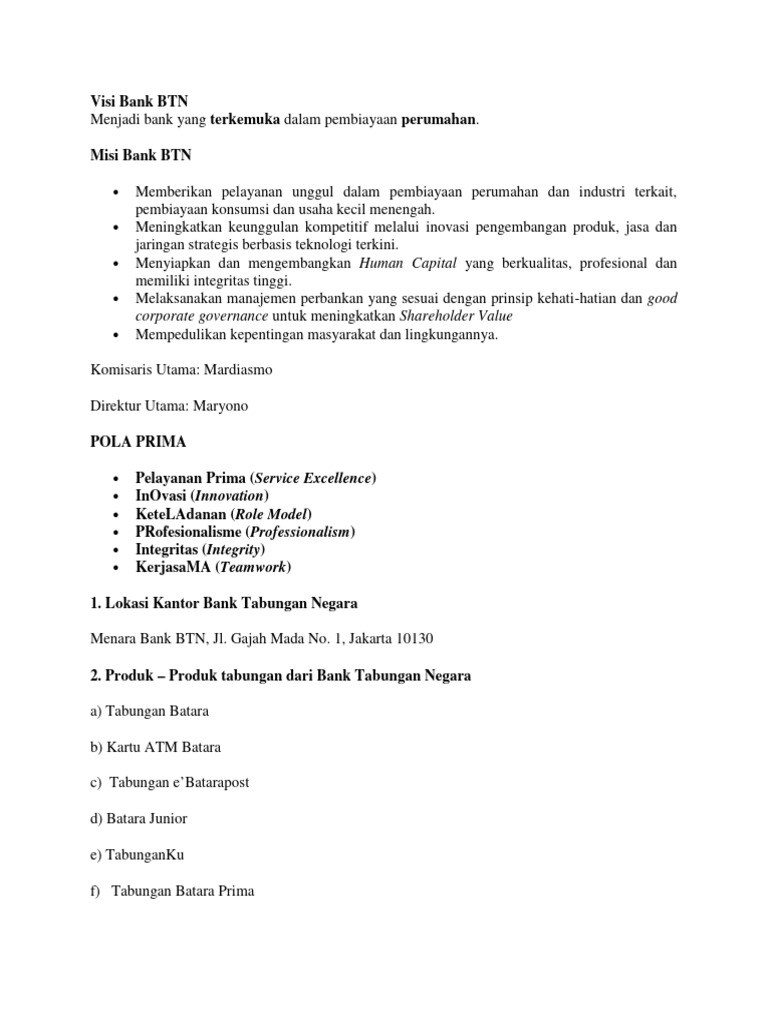 Visi, Misi, dan Produk BTN | PDF