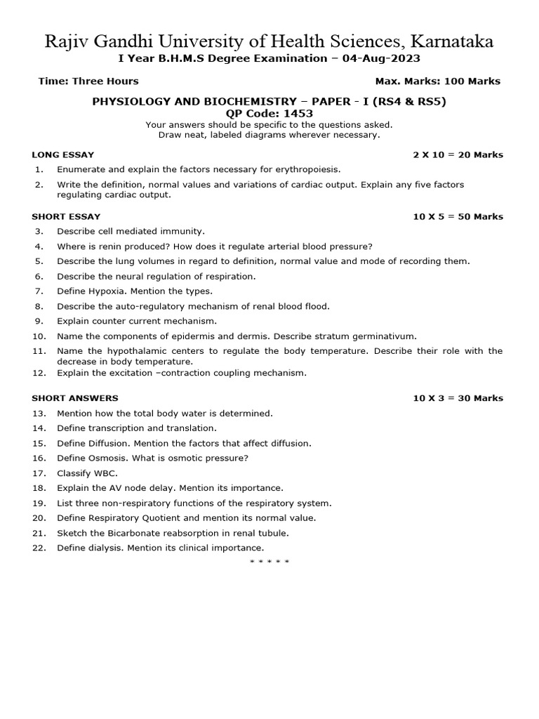 BHMS 1st Year Physiology Exam QP 1453 | PDF